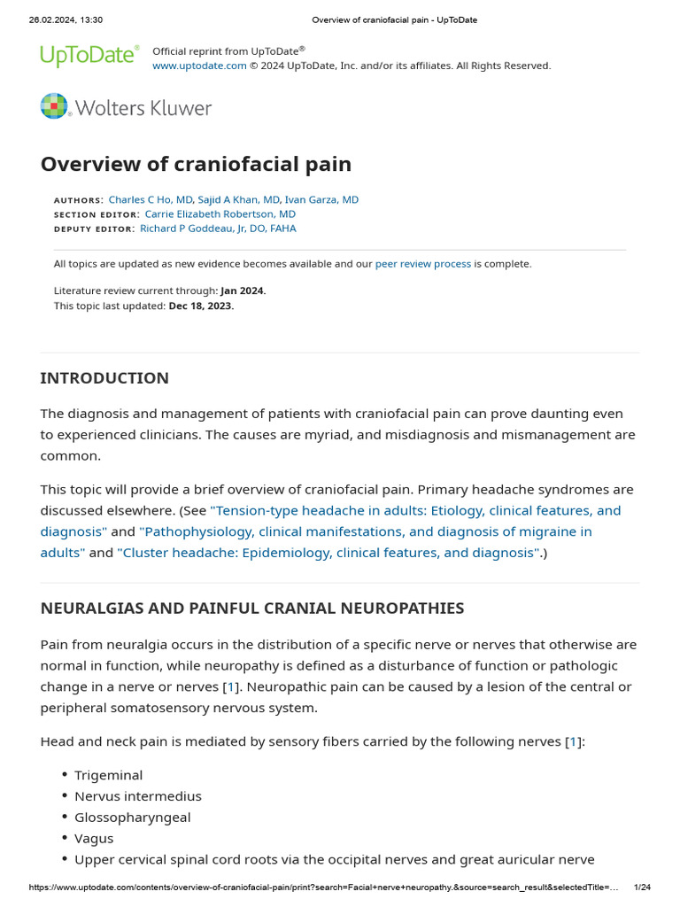 Overview of Craniofacial Pain - UpToDate | PDF | Headache | Peripheral ...