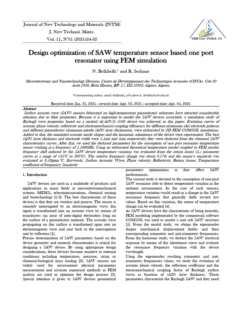 Design Optimization of SAW Temperature Sensor Based One Port Resonator ...