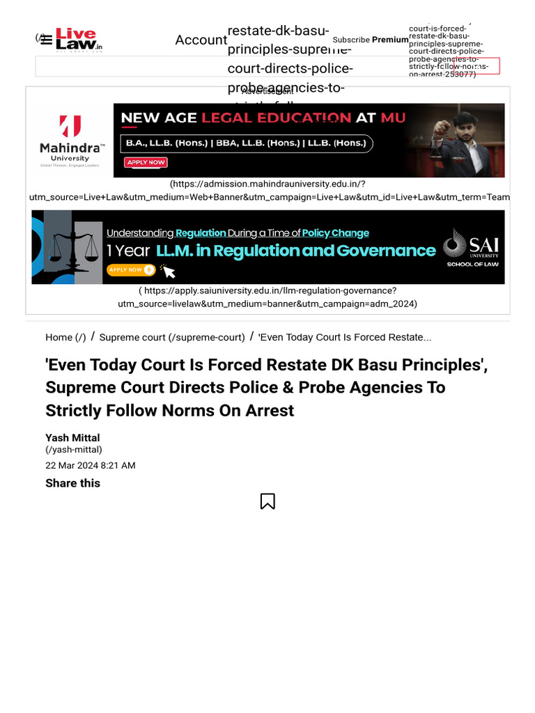 'Even Today Court Is Forced Restate DK Basu Principles', Supreme Court ...