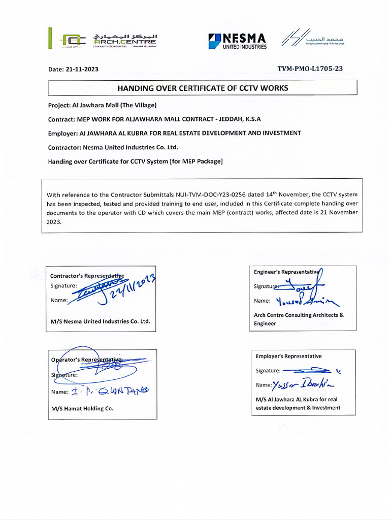 TVM-PMO-L1705-23 - Handing Over Certificate of CCTV Works | PDF