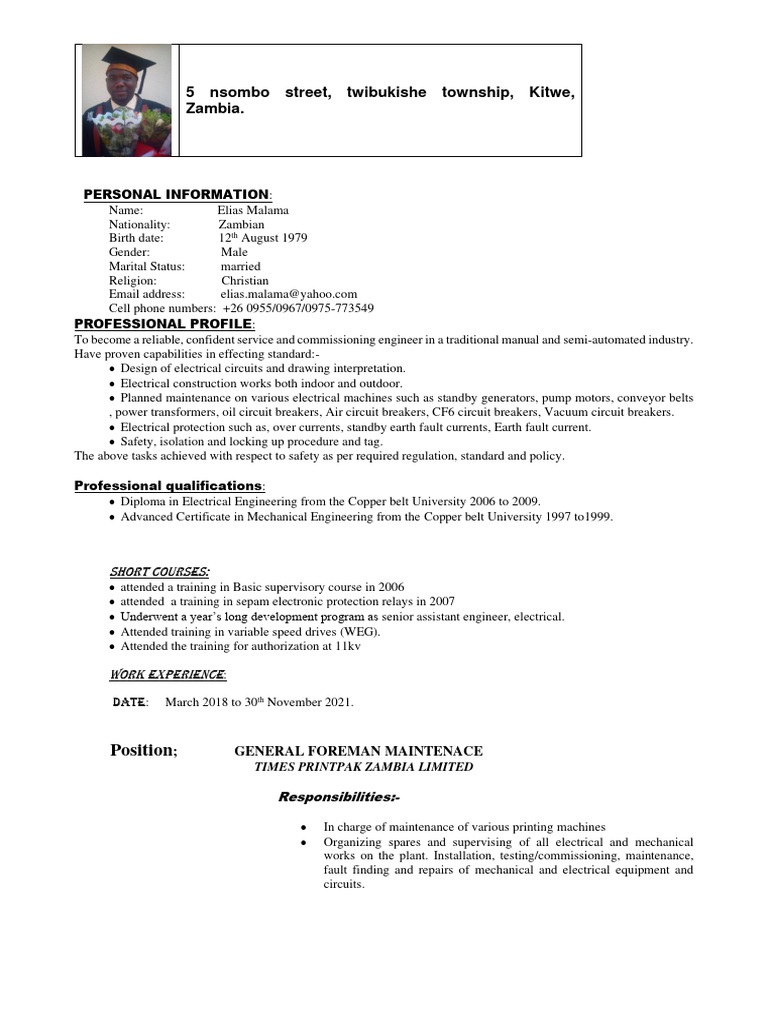 Elias Malama CV Engineer | PDF | Engineering | Electrical Engineering