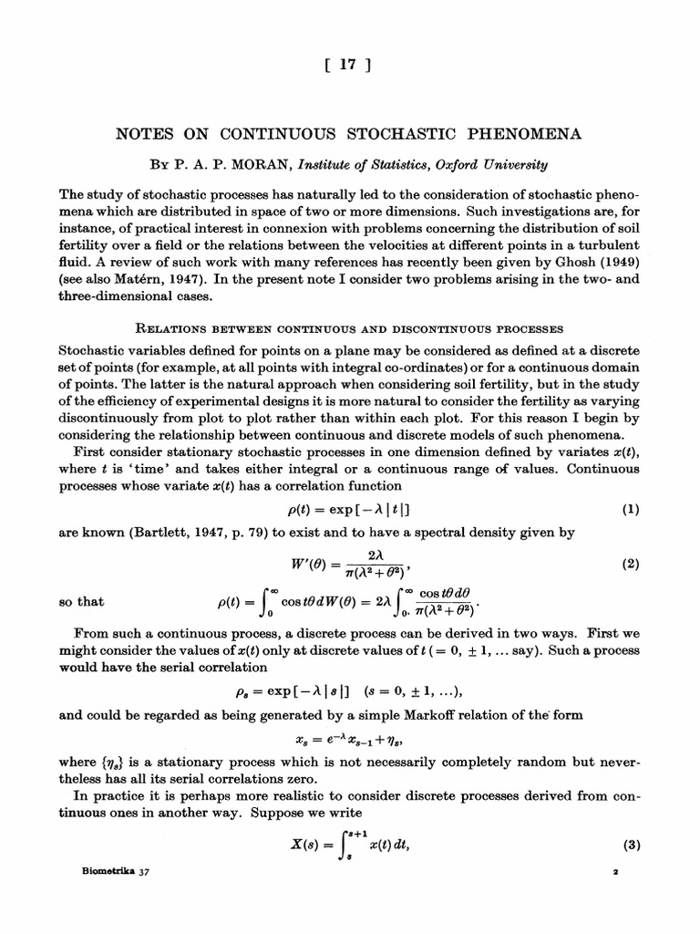 Moran Patrick A P (1950) Notes On Continuous Stochastic Phenomena | PDF ...
