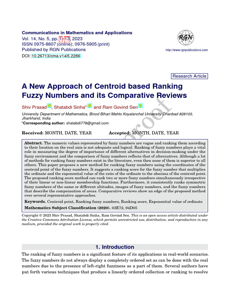 Prasad, Sinha, Sen Ranking Fuzzy Numbers | PDF | Fuzzy Logic | Function (Mathematics)