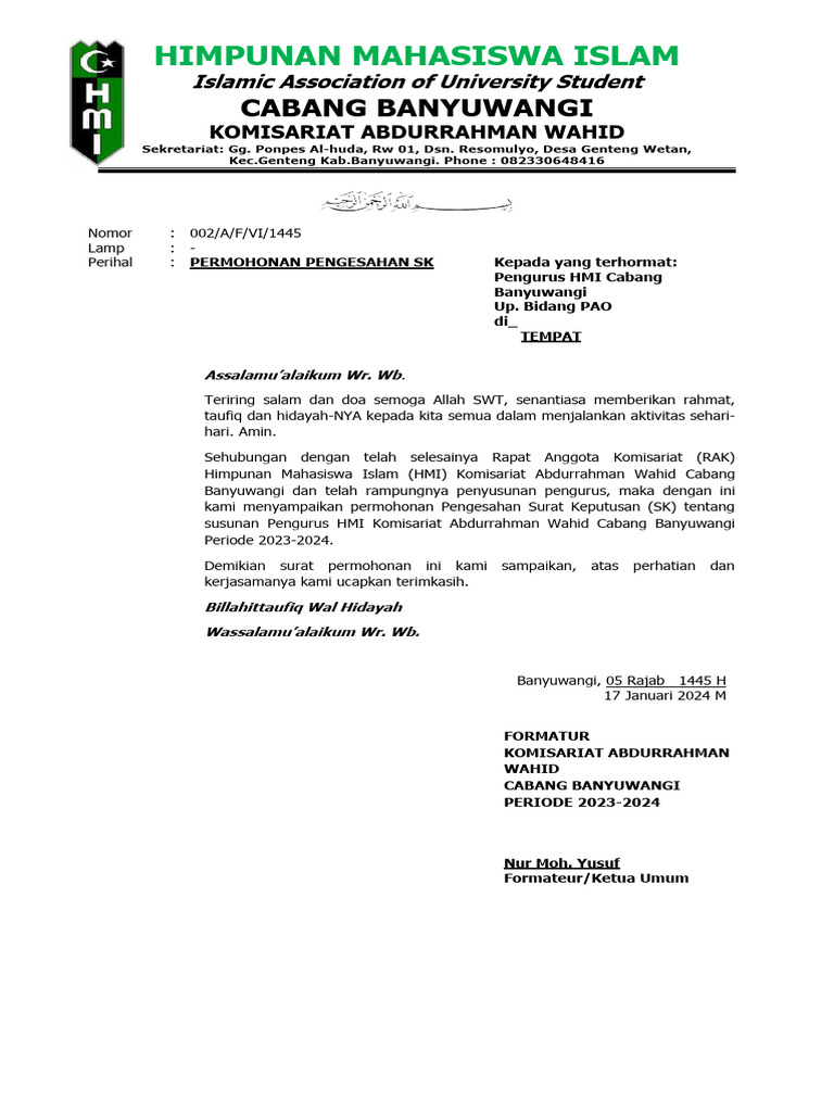Surat Permohonan SK HMI PAO | PDF