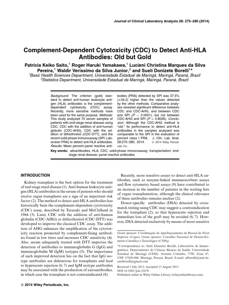 Complement-Dependent Cytotoxicity (CDC) To Detect Anti-HLA Antibodies Old But Gold | PDF ...
