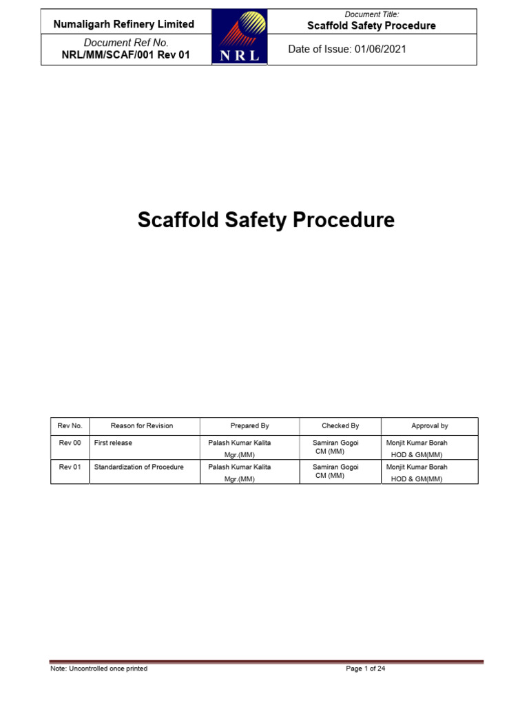 Scaffold Safety Procedure at NRL | PDF | Scaffolding | Risk