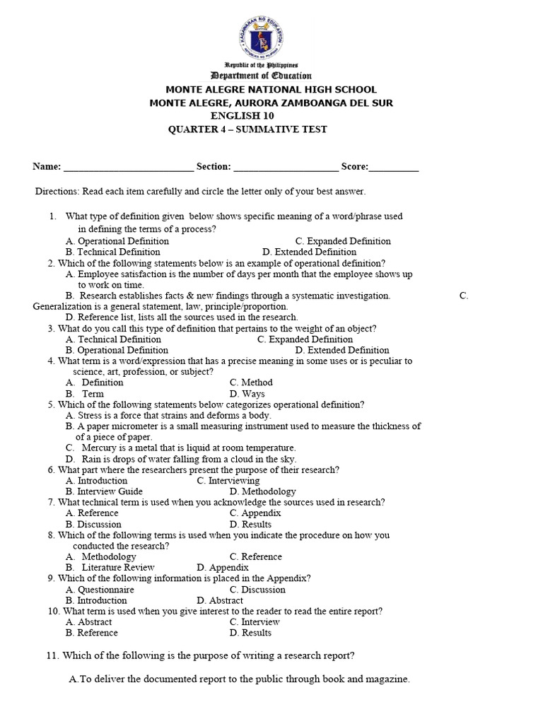 English 10 Q4 Summative Test | PDF | Definition | Methodology