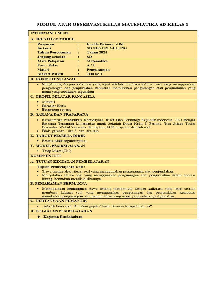 Modul Ajar Observasi Kelas Matematika SD Kelas 1 | PDF