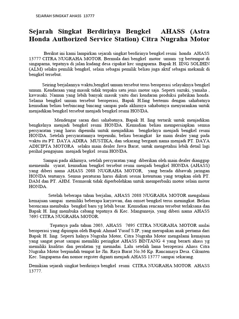 Sejarah Bengkel AHASS 13777 | PDF