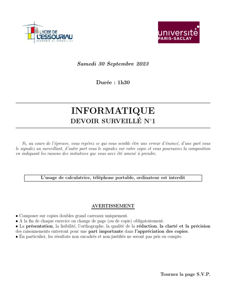 DS N°01 - Variables, If, Else, For, While, Fonctions | PDF