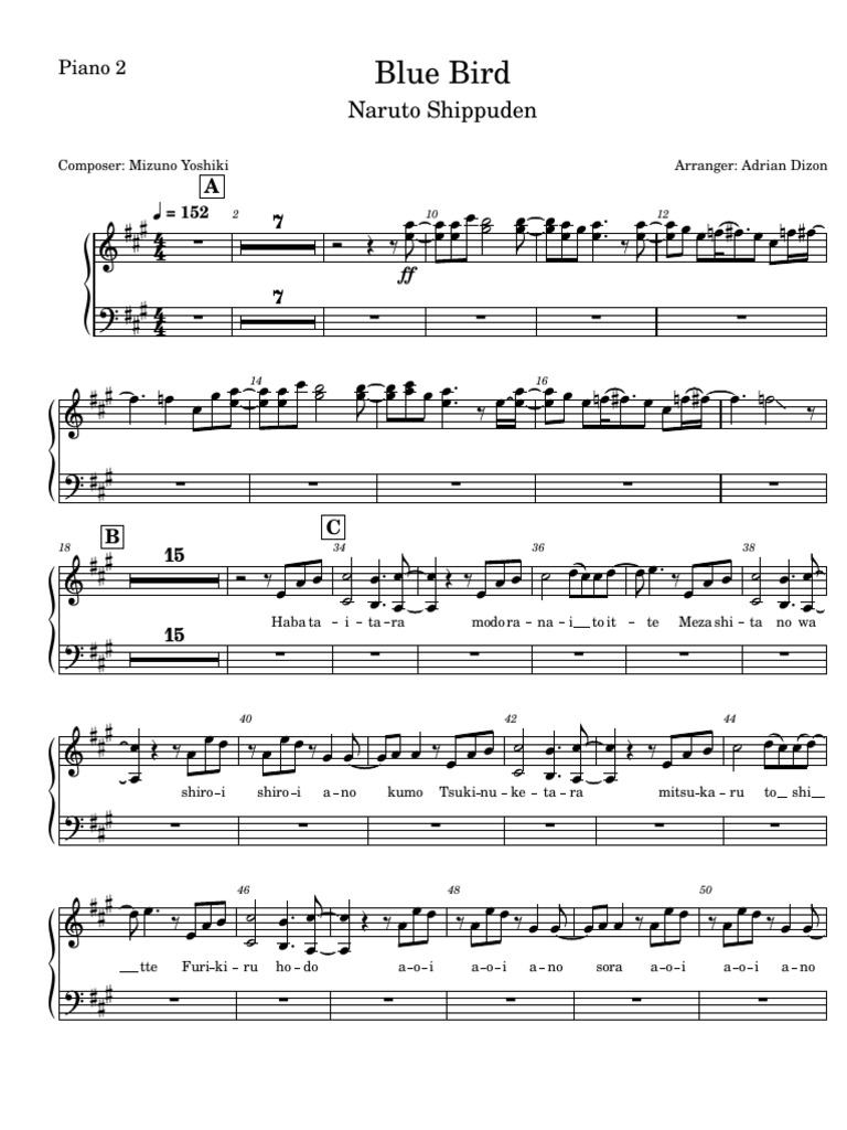 Piano Arrangement of Blue Bird | PDF