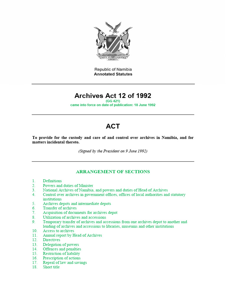 Namibia Archives Act 1992 Overview | PDF | Home & Garden