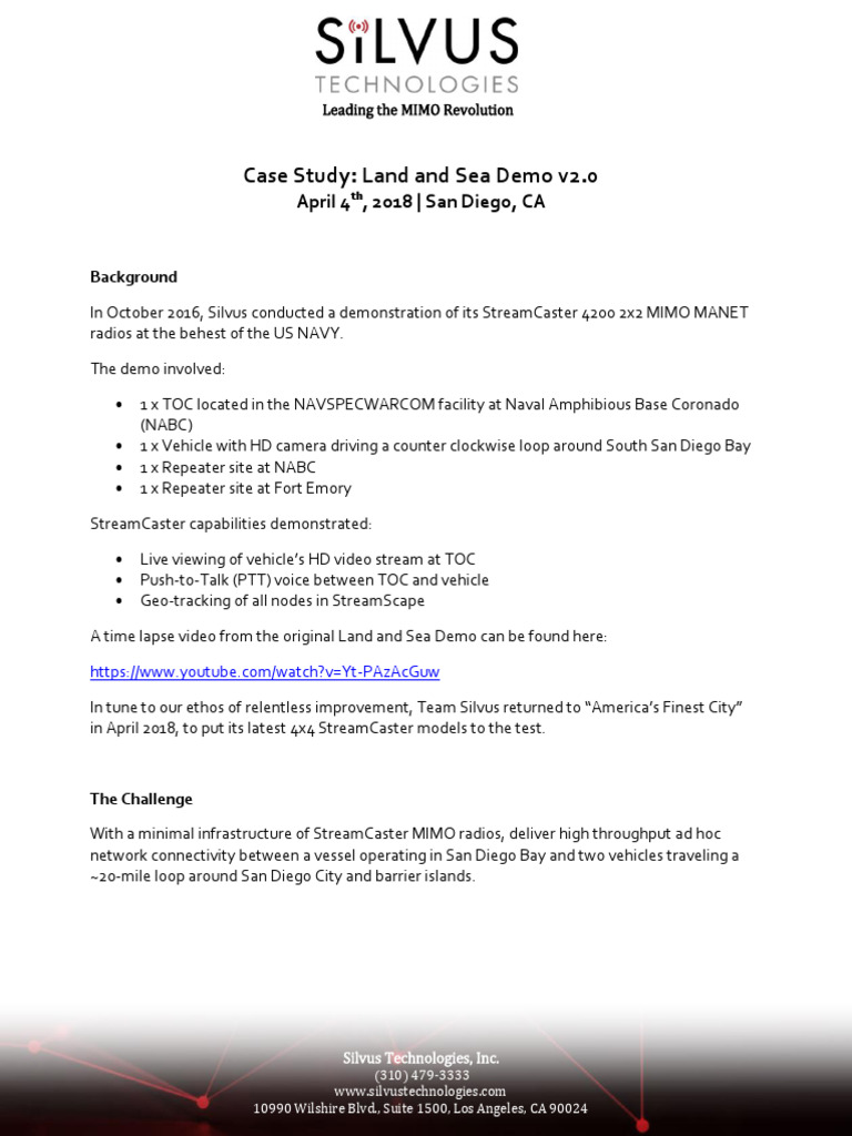 Case Study Silvus Land and Sea Demo v2.0 | PDF | Radio | Mimo Case Study Silvus Land and Sea Demo v2.0 | PDF | Radio | Mimo