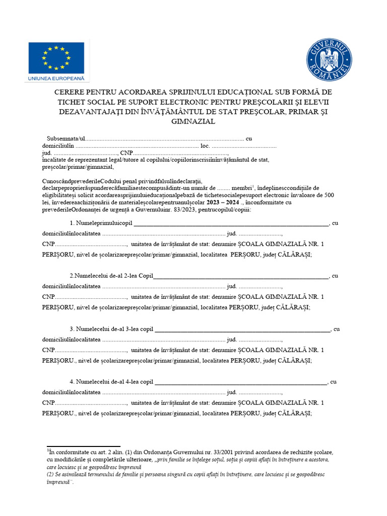 Model Cerere Tichete Sociale COMPLETATA | PDF