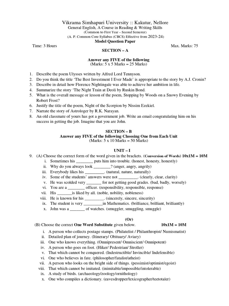 General English Model Question Paper II Sem 2023-24 | PDF