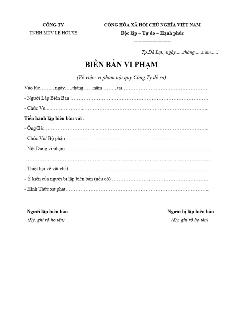 Bien Ban VI Pham Noi Quy Cong Ty | PDF