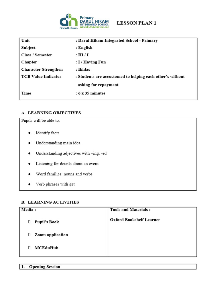 Lesson Plan English P3 | PDF