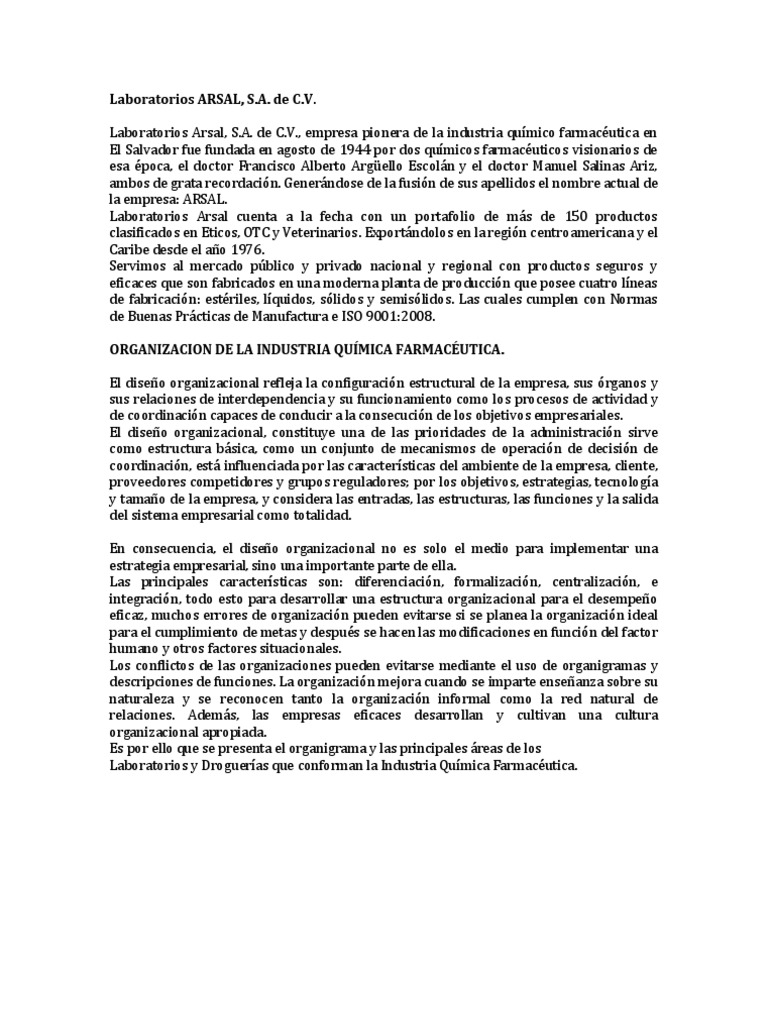 Estructura y Productos de Laboratorios ARSAL | PDF | Gestión de ...