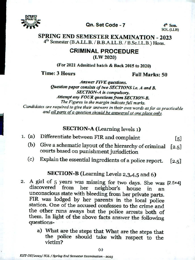 Spring, End Semester - 2023, 4th Semester, Criminal Procedure, LW - 2020 | PDF