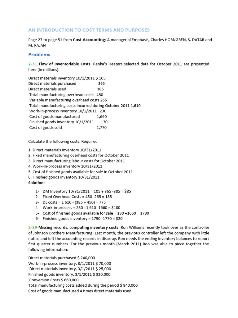 An Introduction To Cost Terms and Purposes Problems 1 11 | PDF | Cost ...