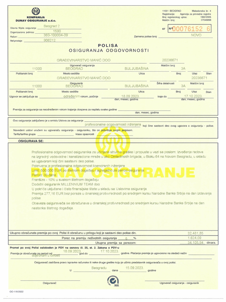 Polisa Osiguranja Odgovornosti - Do 17.10.2023. | PDF