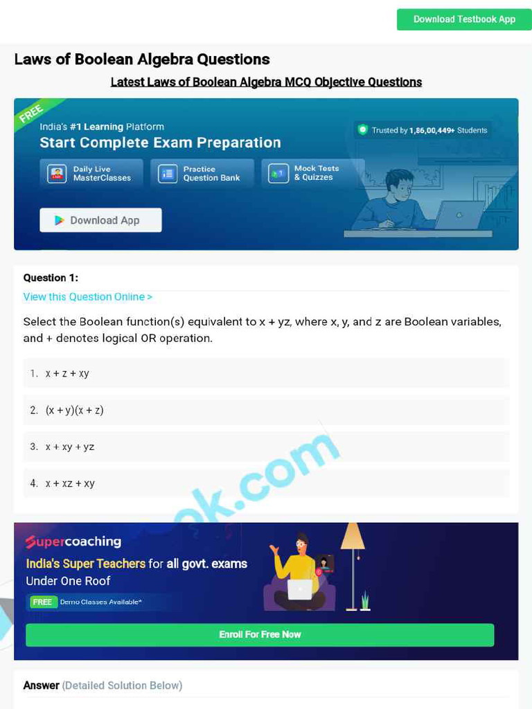 MCQ On Laws of Boolean Algebra 5eea6a0d39140f30f369e1ee | PDF