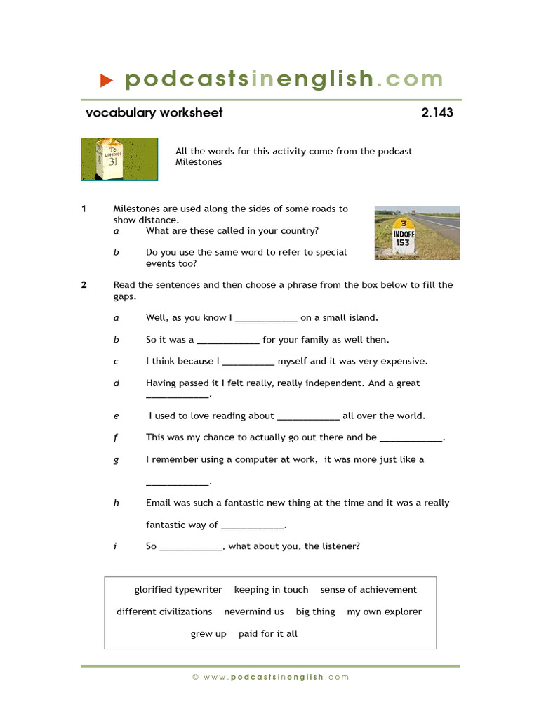 Milestones Vocabulary Worksheet | PDF | Human Communication | Linguistics