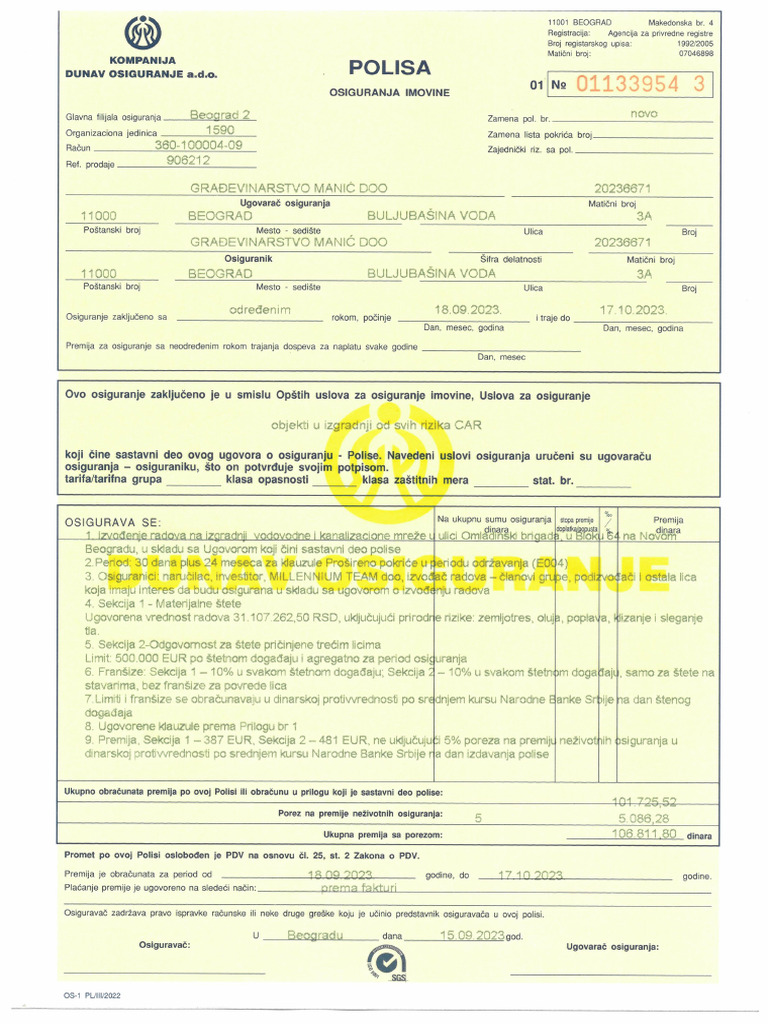 Polisa Osiguranja Imovine - Do 17.10.2023. | PDF