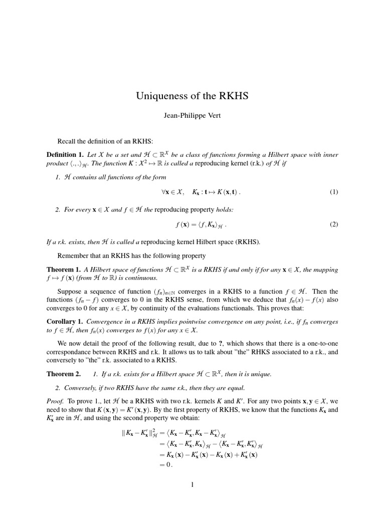 Uniqueness RKHS | PDF | Geometry | Mathematical Physics