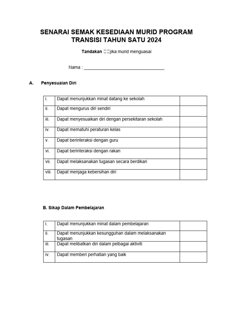 SENARAI SEMAK KESEDIAAN MURID PROGRAM TRANSISI TAHUN SATU 2024 | PDF