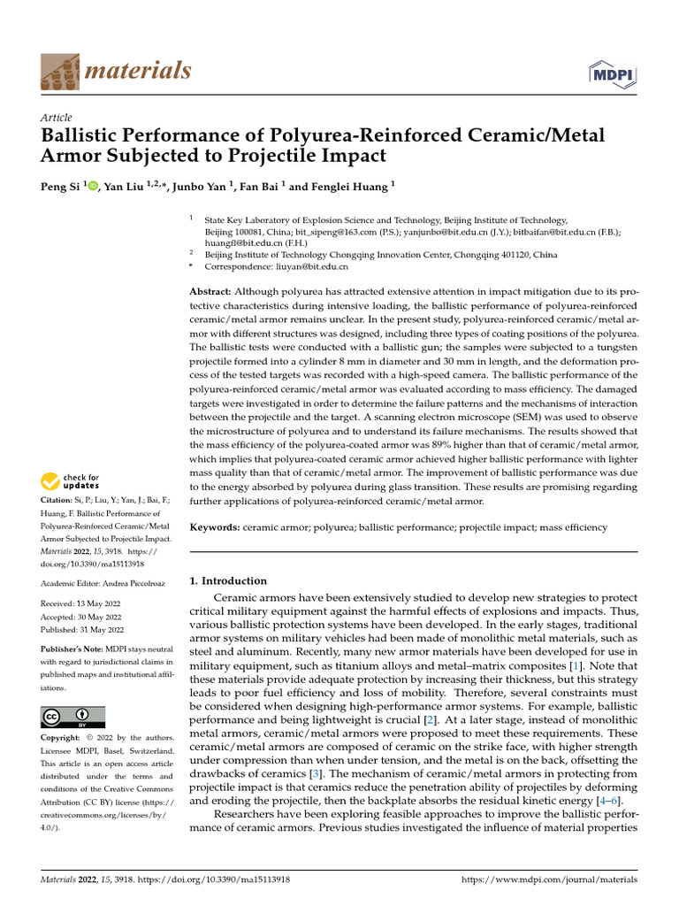 Ballistic Performance of Polyurea Reinforced Ceramic Metal | PDF