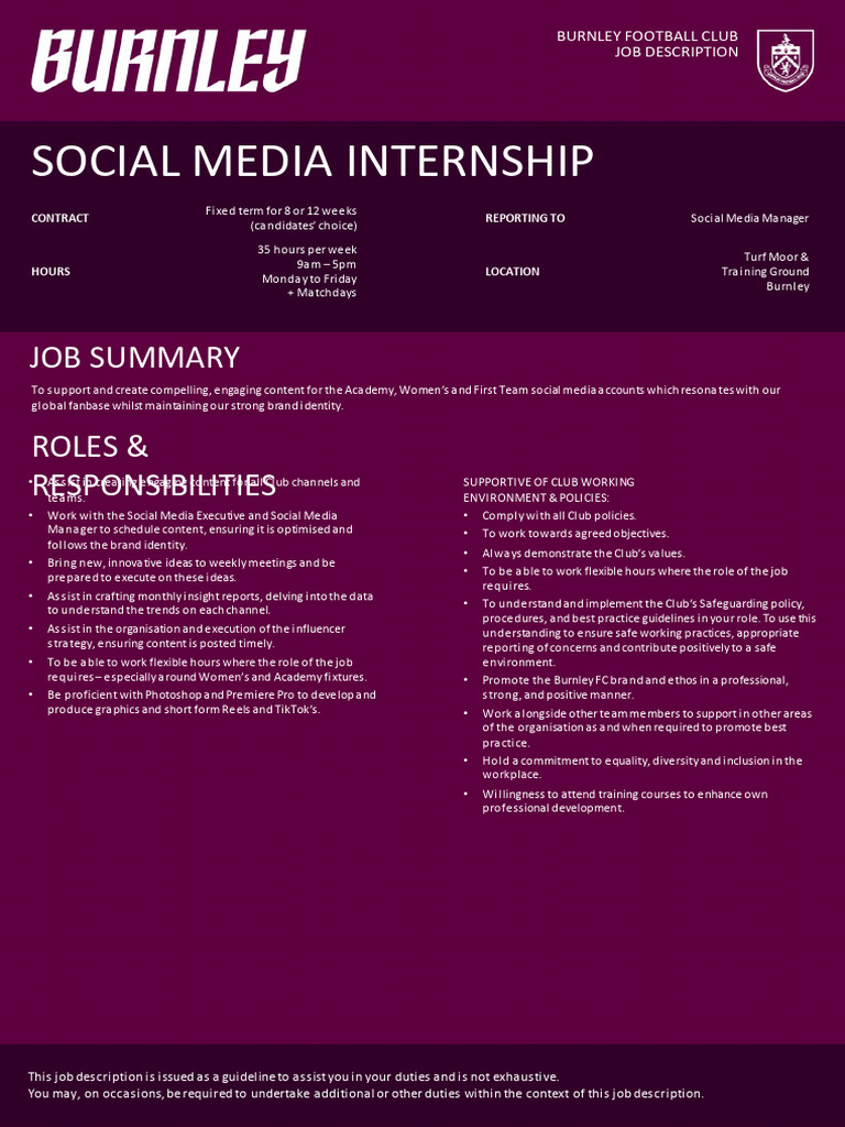 Social Media Internship Job Description and Person Specification 11.03. ...