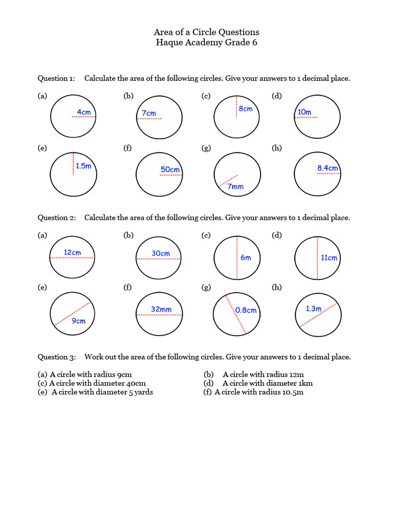 Area+of+a+circle+questions | PDF