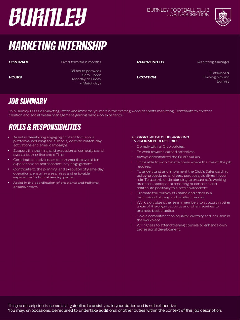 Marketing Internship Job Description and Person Specification 11.03. ...