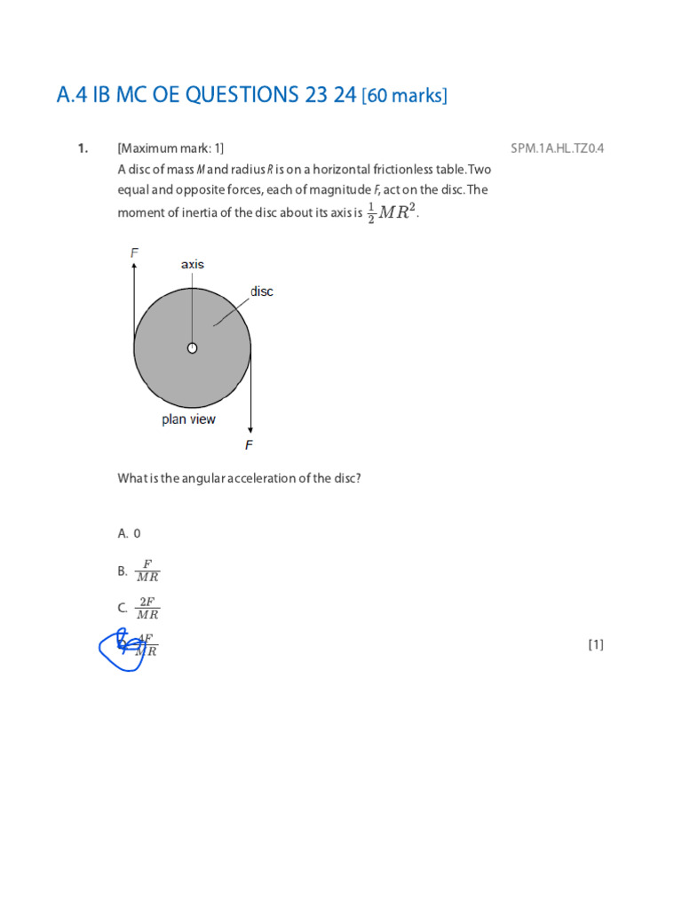 A.4 Ib MC Oe Questions 23 24 | PDF | Torque | Rotation Around A Fixed Axis
