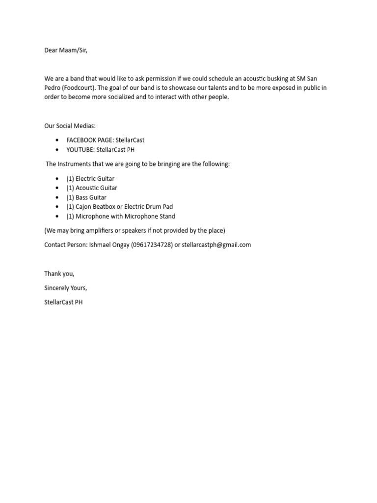 Formal Busking Permission Letter (STELLARCAST) | PDF