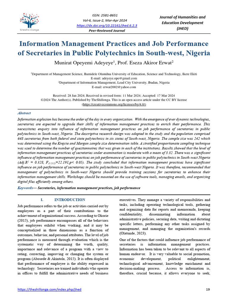 Information Management Practices And Job Performance Of Secretaries In Public Polytechnics In