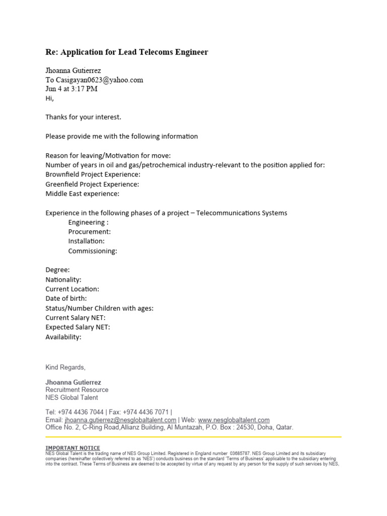 Application for Lead Telecom Engineer England | PDF | Computing ...