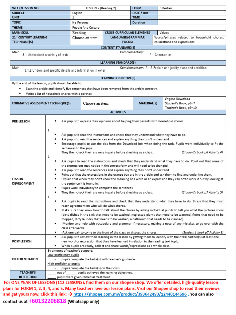 Form 5 English Lesson Plan: Household Chores | PDF