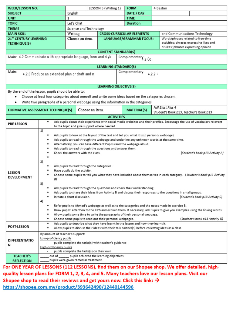 Year 4 English Lesson Plan: Writing Skills | PDF | Communication ...
