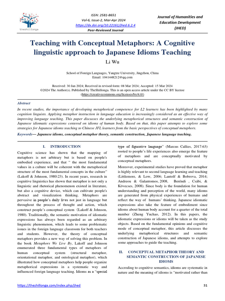 Teaching With Conceptual Metaphors: A Cognitive Linguistic Approach To Japanese Idioms Teaching ...