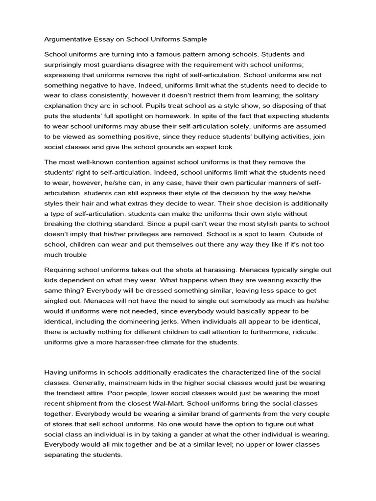 Argumentative Essay On School Uniforms Sample | PDF
