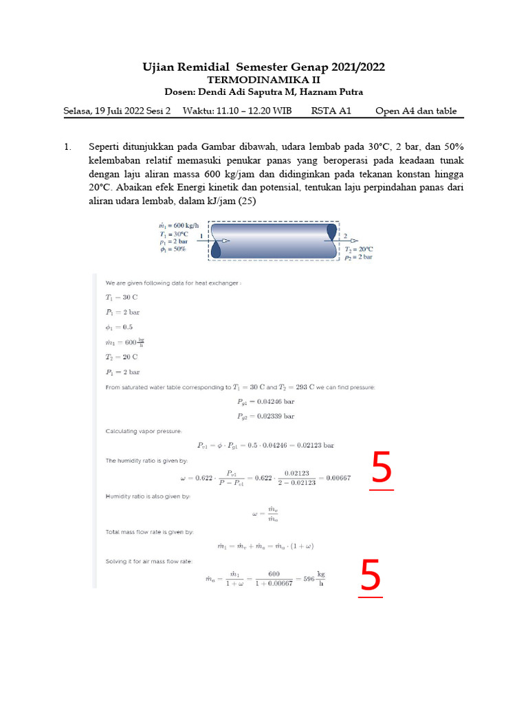Solusi Ujian Remidial Termodinamika 2 2022 Sesi 2 | PDF | Sains & Matematika | Teknologi & Rekayasa