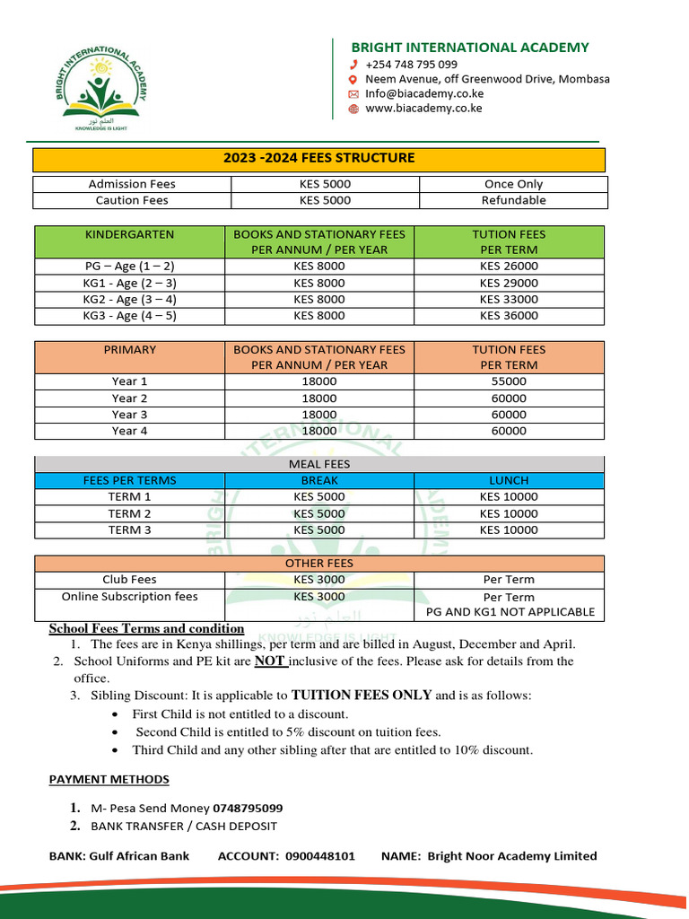 Bright International Academy Fee Structure | PDF | Service Industries ...