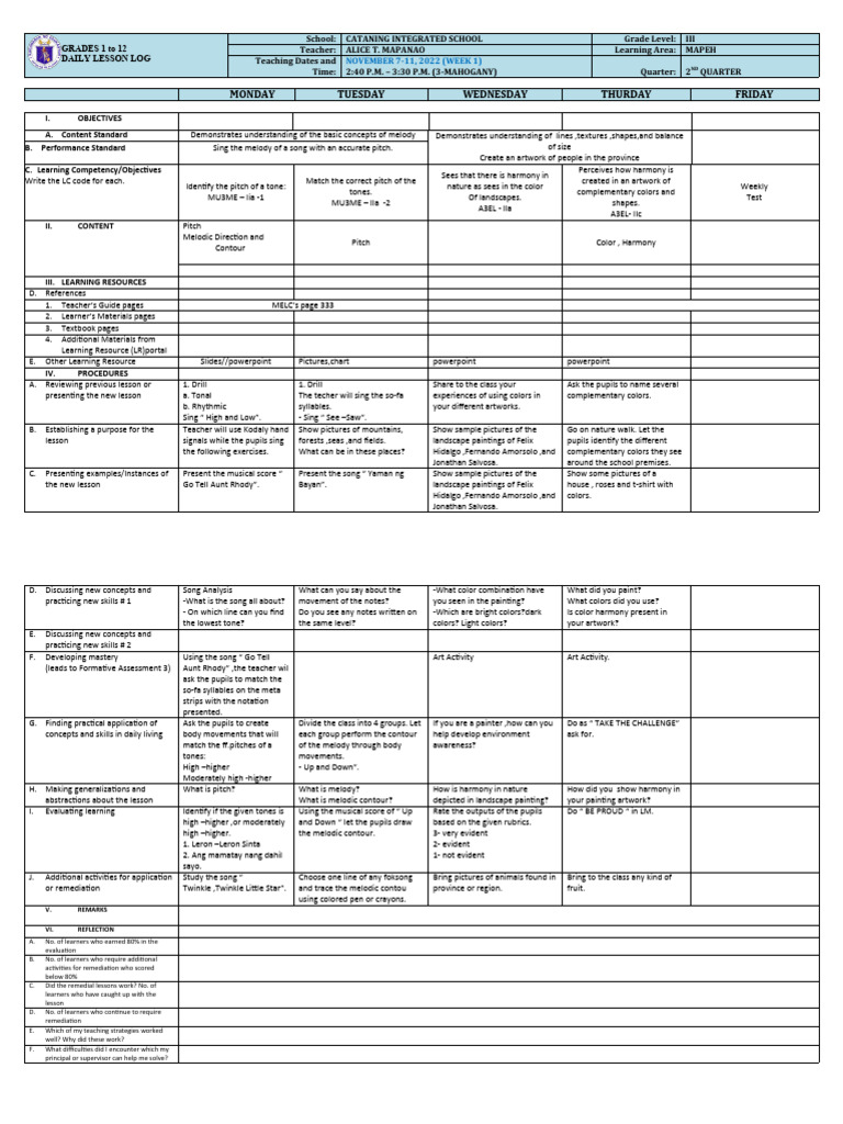 DLL Mapeh-3 Q2 W1 | PDF | Learning | Paintings