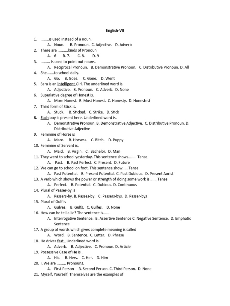 Seventh English. Mega Test | PDF | Verb | Pronoun