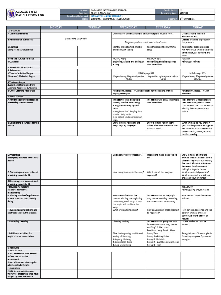 DLL_MAPEH 3_Q2_W7 | PDF | Learning | Cognition