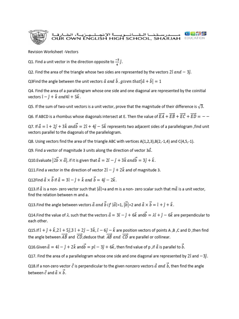 _Revision Worksheet-Vectors | PDF | Euclidean Vector | Angle
