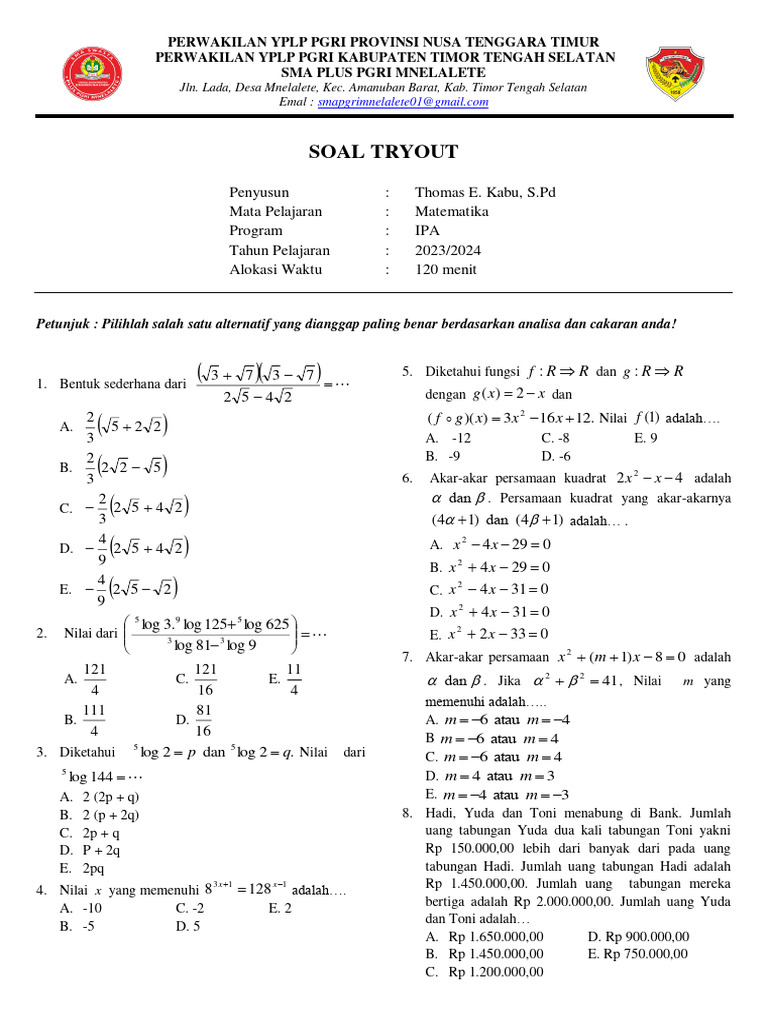 SOAL TRYOUT MATEMATIKA | PDF