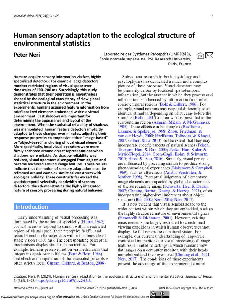 Human Sensory Adaptation To The Ecological Structure of Environmental Statistics | PDF ...